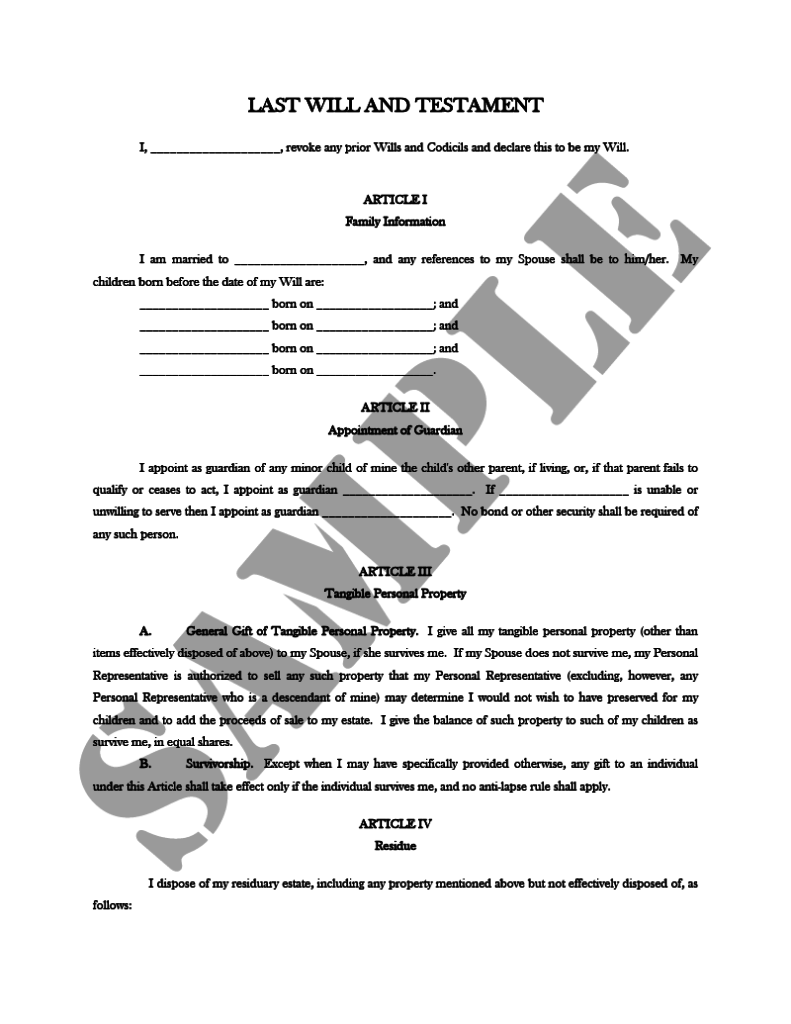 Last Will & TestamentIndiana Legal Forms