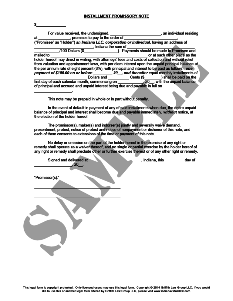 Installment NoteIndiana Legal Forms