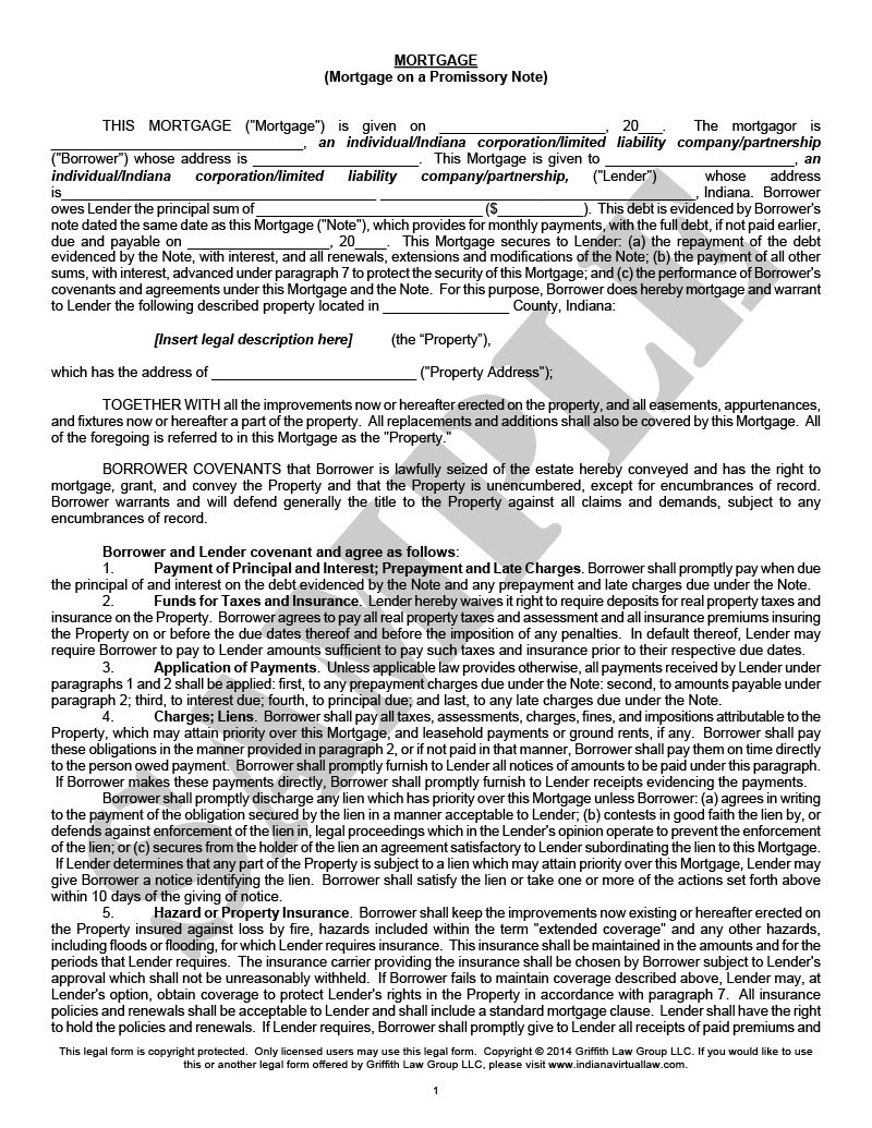 Mortgage On A Promissory NoteIndiana Legal Forms